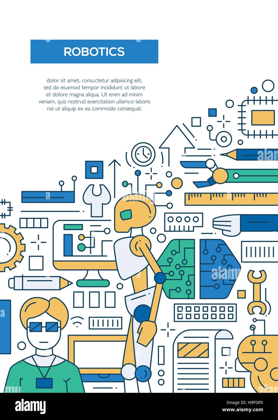 Robotique - ligne vectorielle brochure design affiche, flyer, modèle de ...