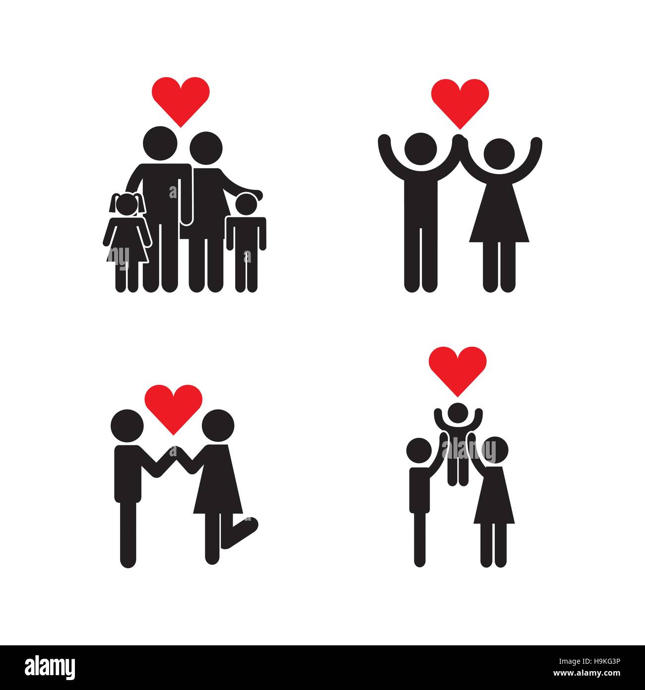 Ensemble d'icônes des couples et icône de cœur rouge sur fond blanc. Le ...