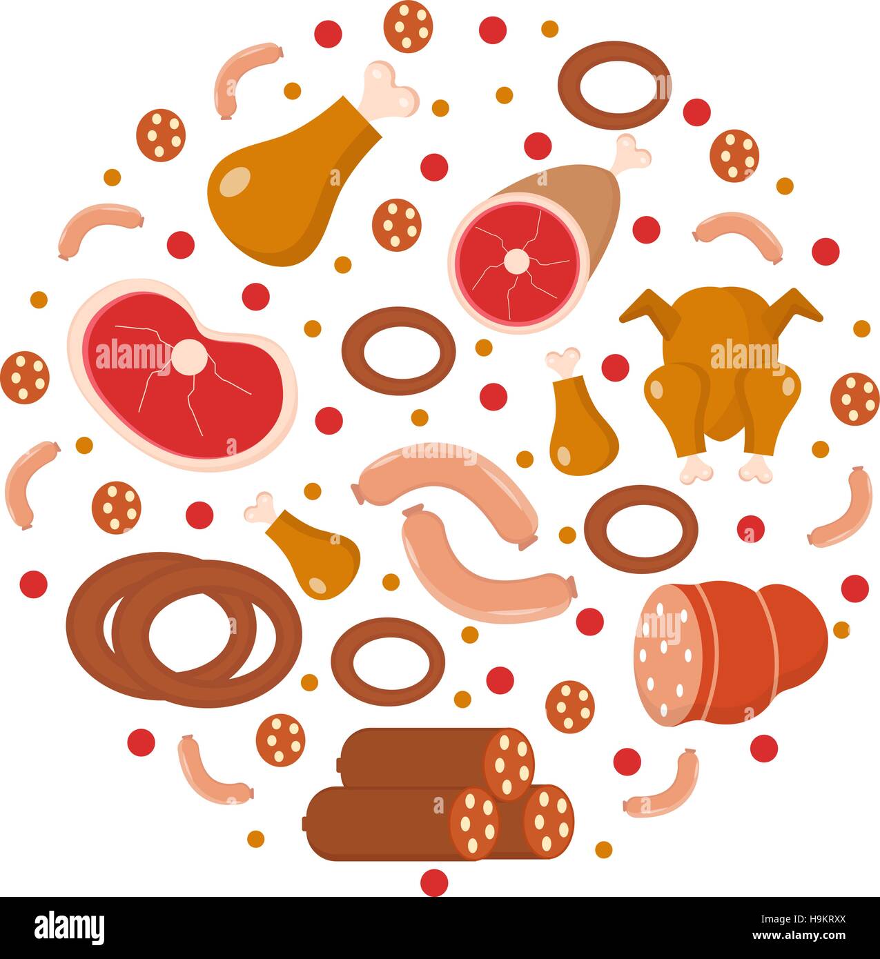 Viande et charcuterie Icon Set en forme ronde, plat, cartoon style ...