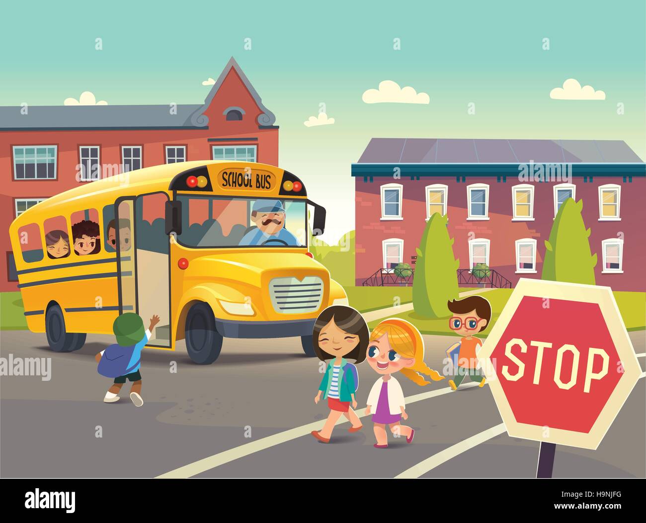 Retour à la sécurité à l'école. Illustration School bus stop, la porte ...