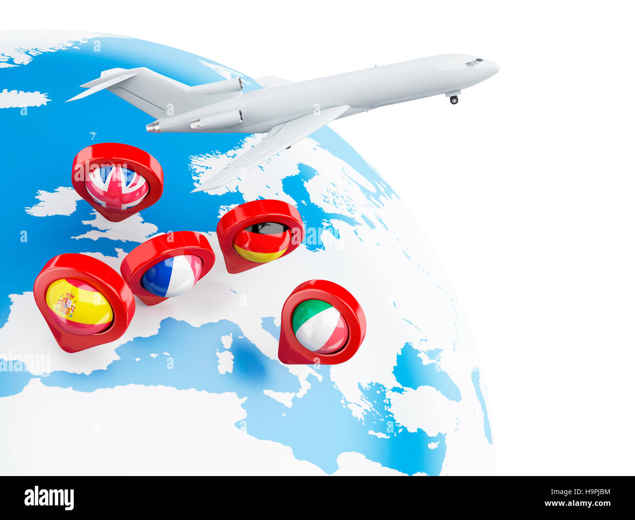 3D Illustration. Vol d'un avion autour de globe avec pointeur de carte. Concept de voyage. Isolé ...