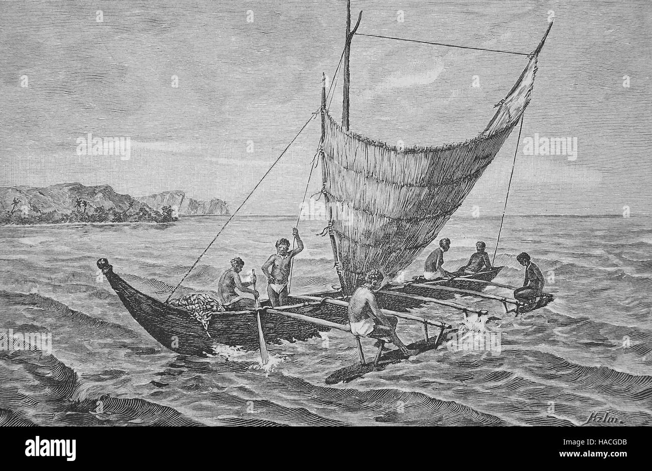 Pirogue, ou piraga ou piragua, petit bateau des indigènes de Papouasie ...