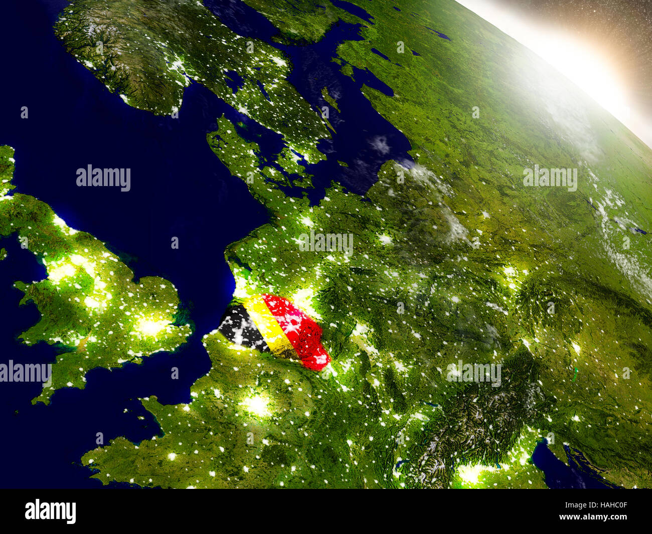 Belgique avec des drapeaux sur la surface de la planète pendant le ...