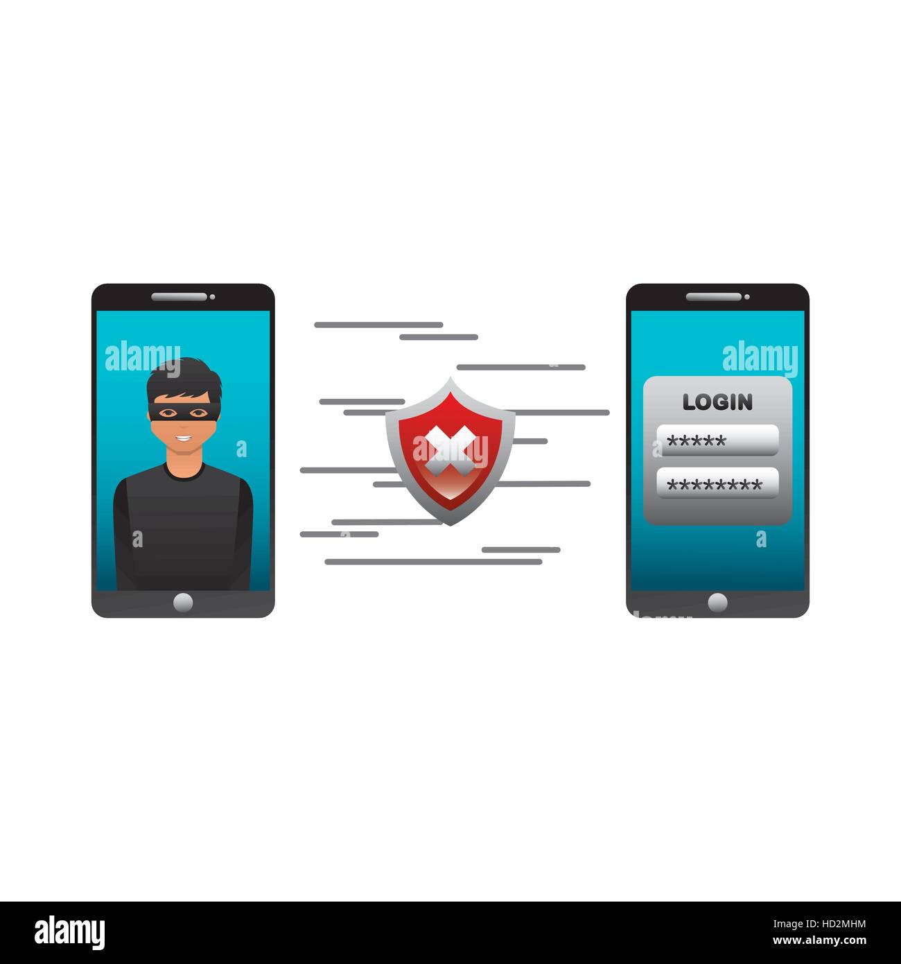 Cartoon homme hacker sur smartphone écran de l'appareil et mauvaise ...