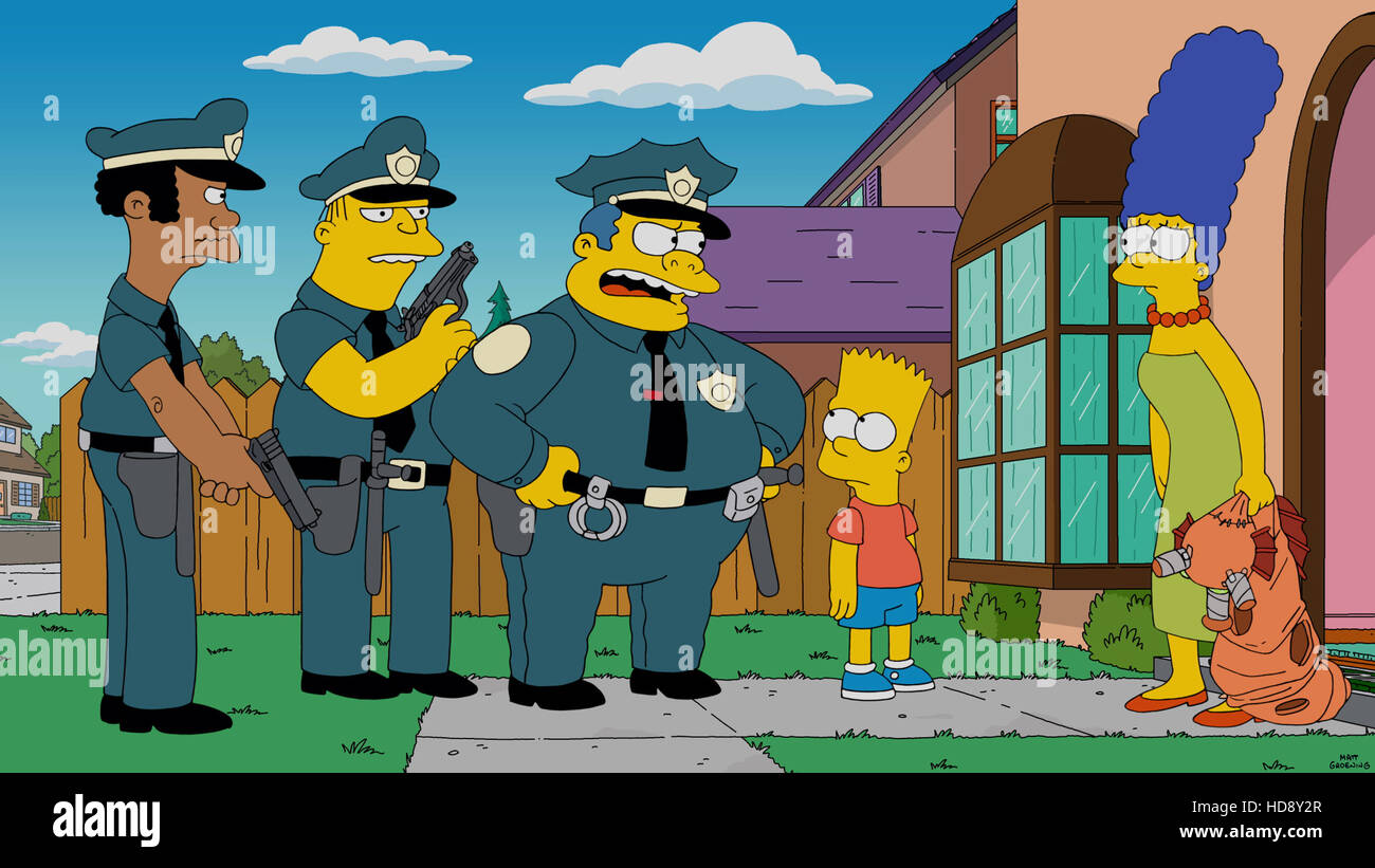Les Simpsons, (de gauche) : Lou, Eddie, chef Clancy Wiggum, Bart ...