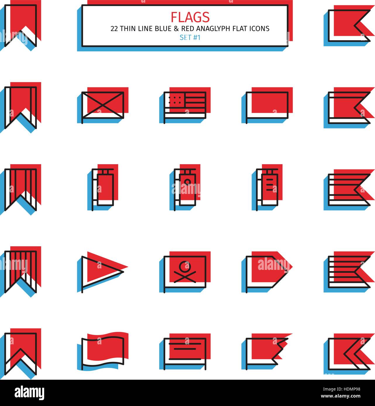 Fine ligne icon set. 3D anaglyphe rouge et bleu style. Drapeaux ...