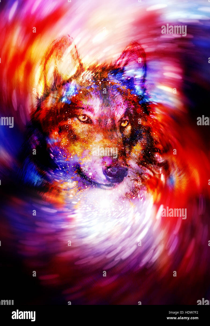 Loup magique dans l'espace lumière swirl, collage d'infographie Photo ...