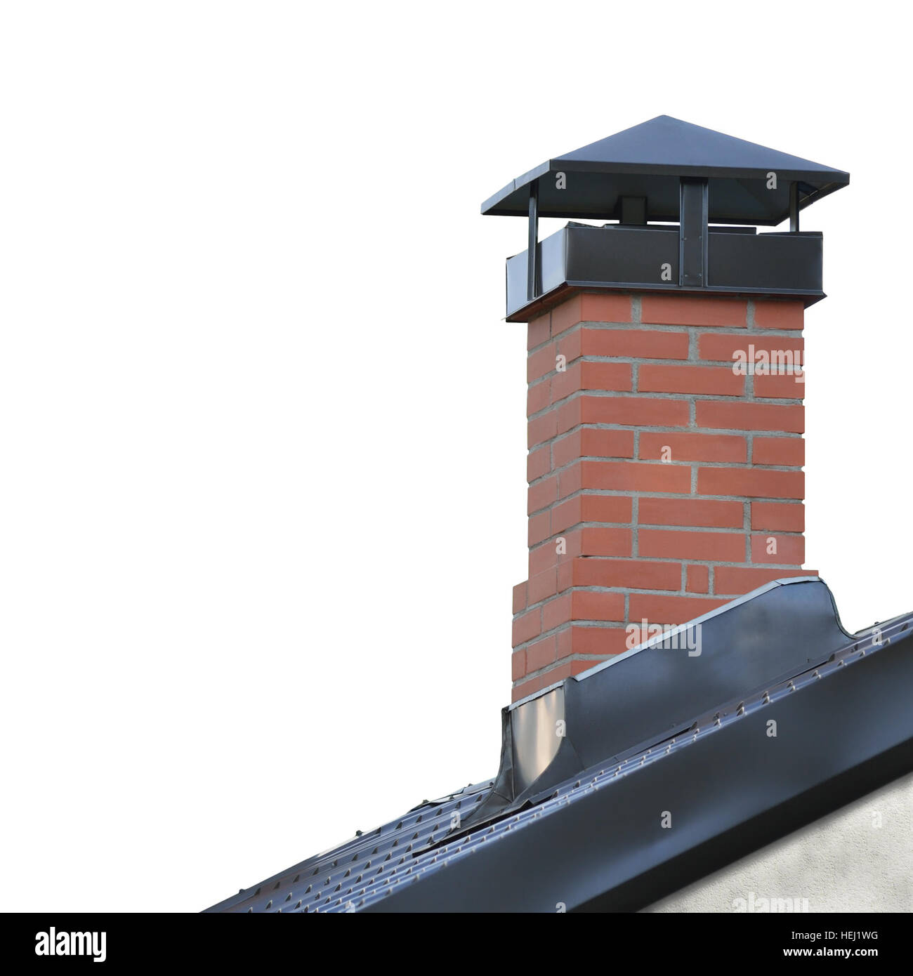 Cheminée en brique rouge, toit de tuiles en acier gris gris, texture ...