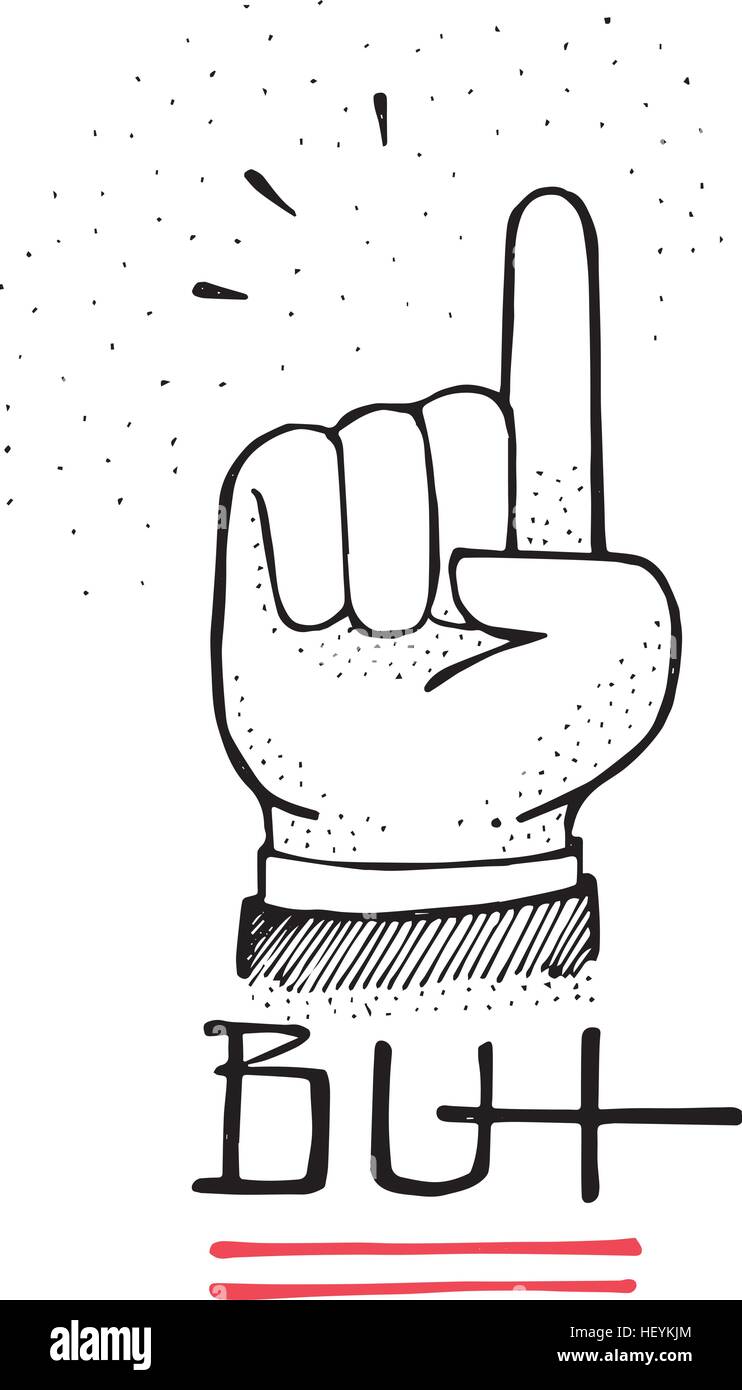 Hand drawn vector illustration ou dessin d'une main humaine et le mot ...