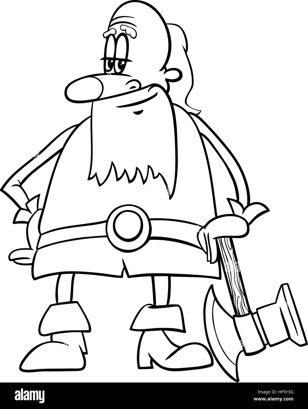 Cartoon noir et blanc Illustration de Nain avec Ax Caractère fantaisie ...