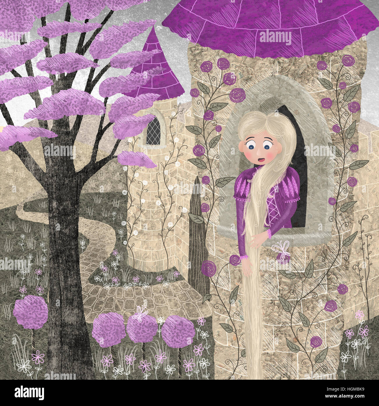 Une illustration de Rapunzel dans une tour, avec ses longs cheveux ...