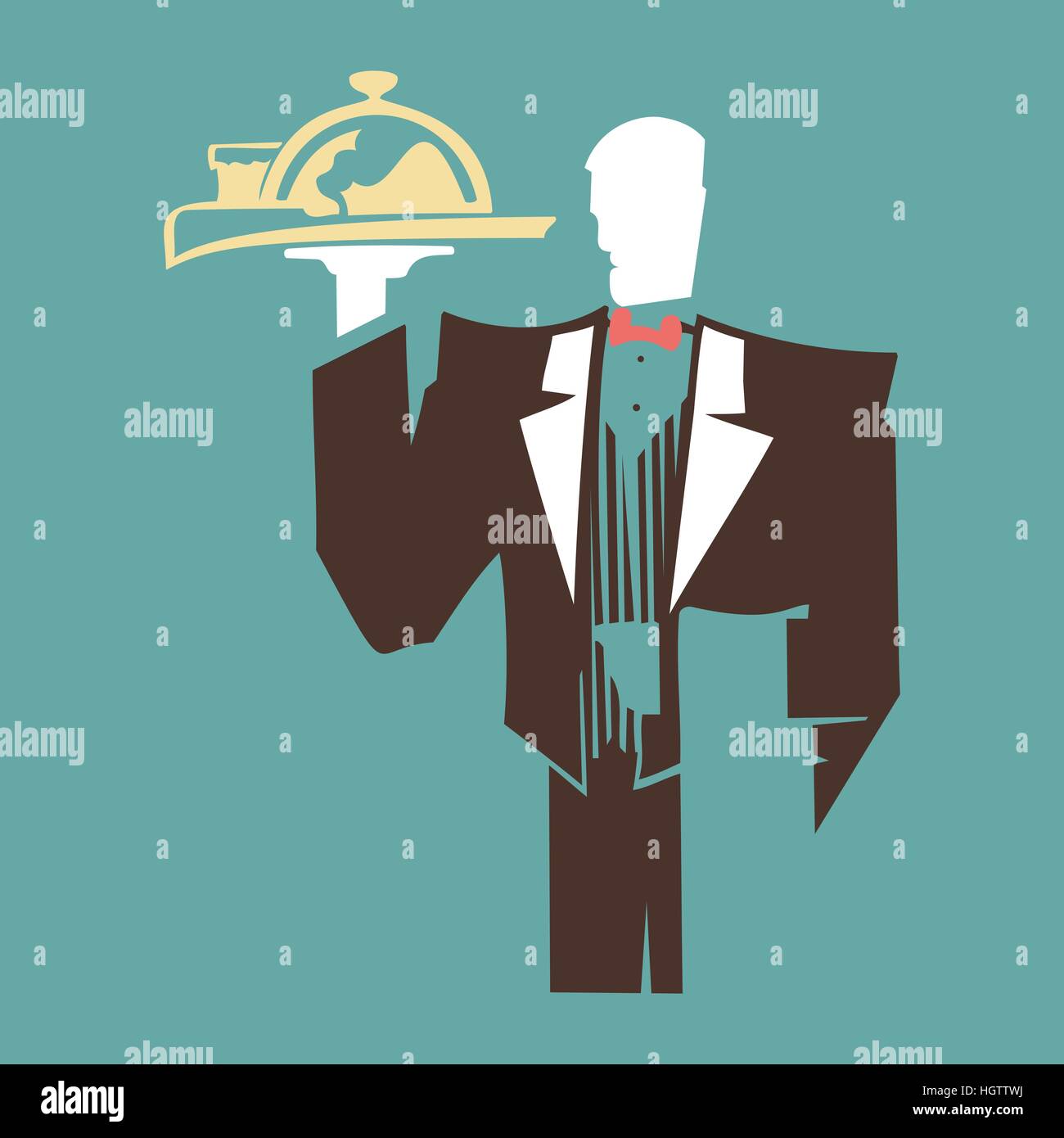 Élégante Silhouette waiter holding un plateau avec un plat. Style rétro ...