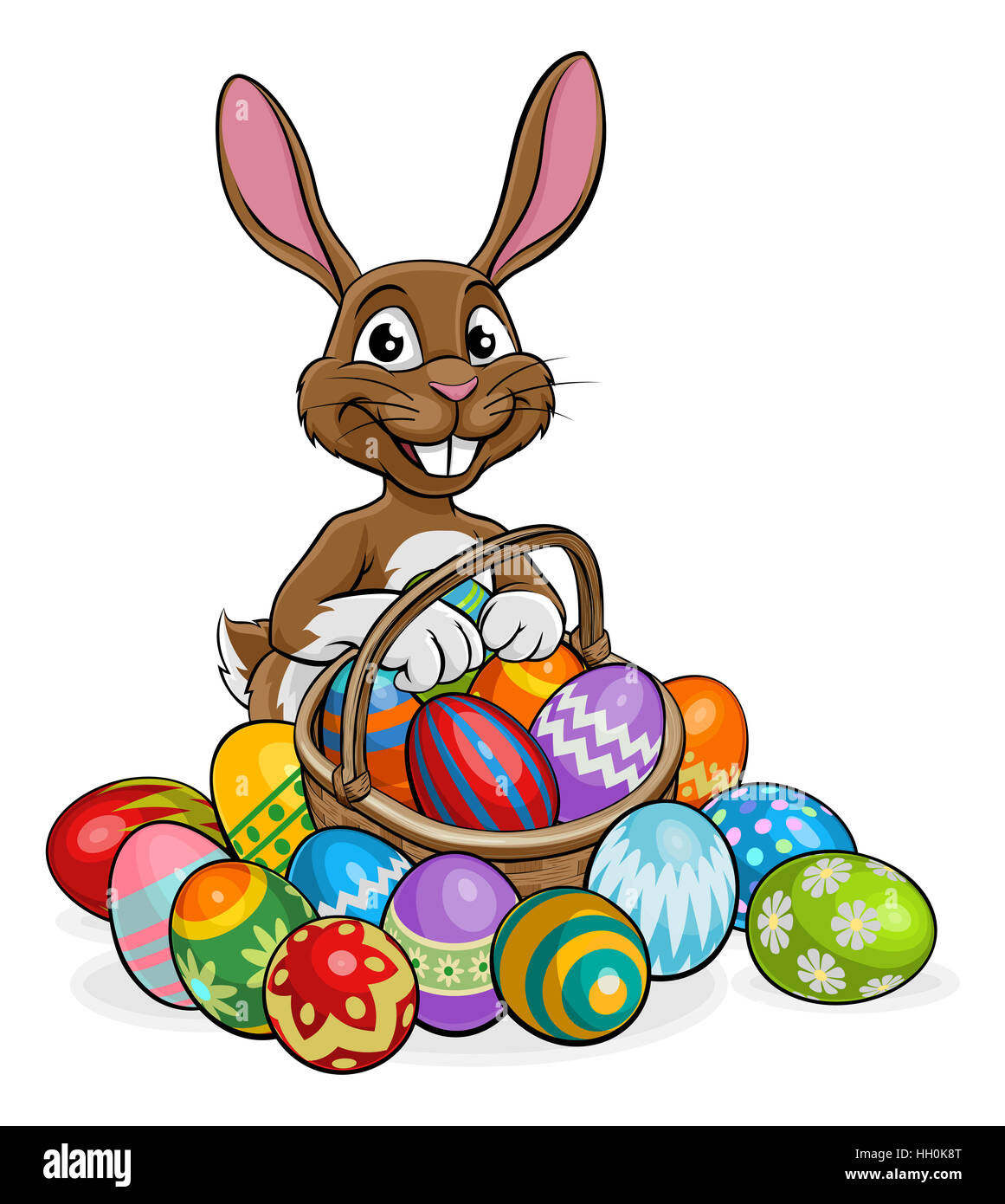 Lapin de dessin animé sur une chasse aux œufs de Pâques, avec un panier ...