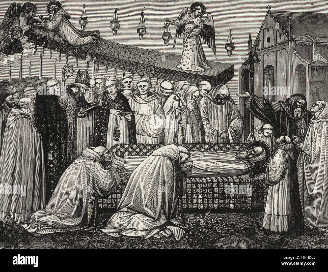 Mort de Saint Benoît, entouré de ses moines, dans son Abbaye de Monte ...