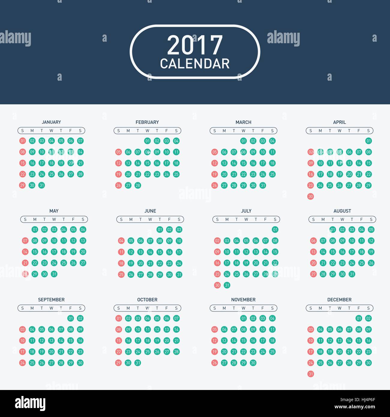 Calendrier 2017 pour un démarrage de l'année semaine du dimanche ...