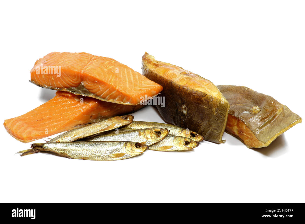 Assortiment de variétés de poisson fumé isolé sur fond blanc Photo ...