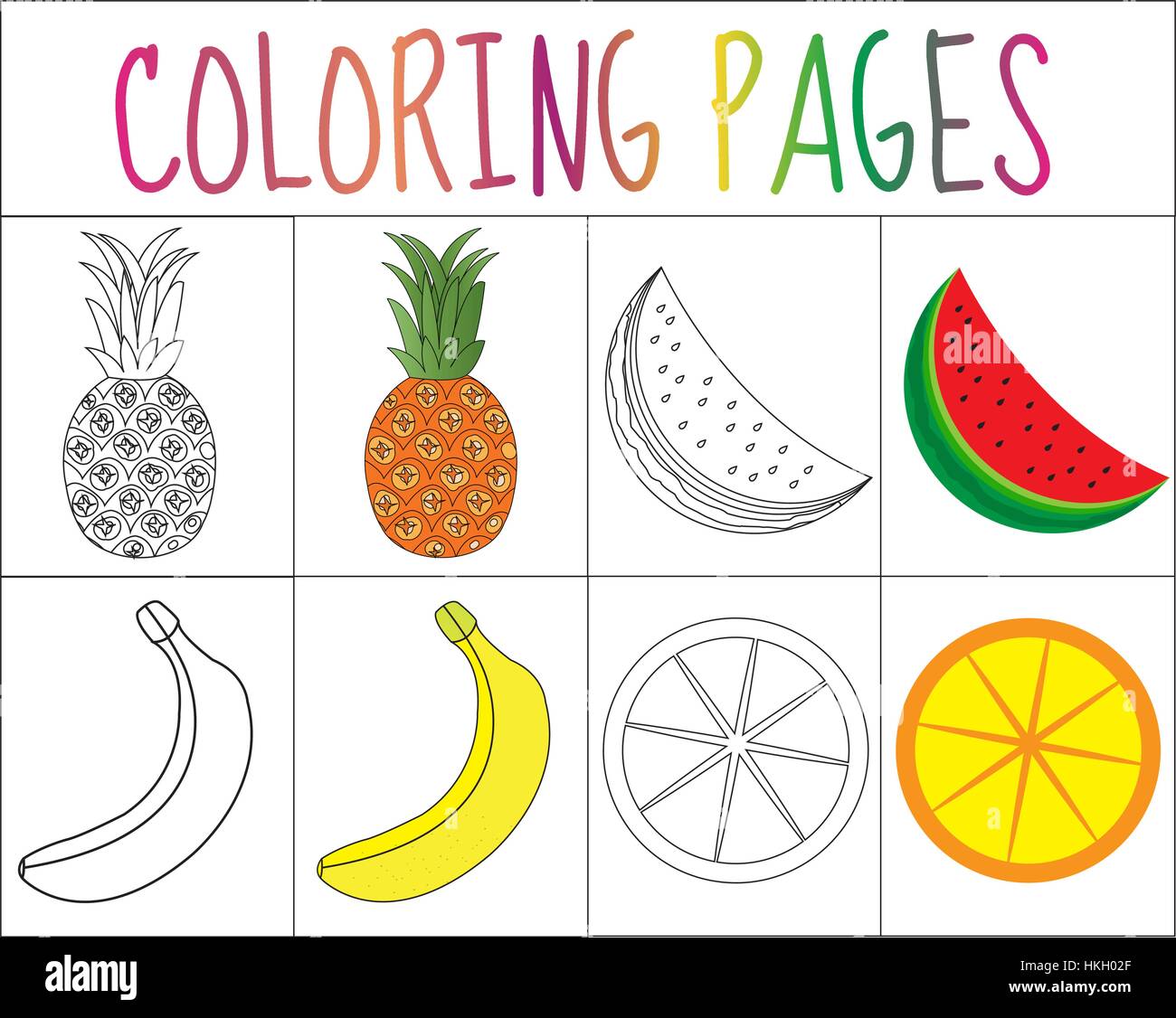 Ensemble de pages à colorier. Collection de fruits. Sketch et version ...