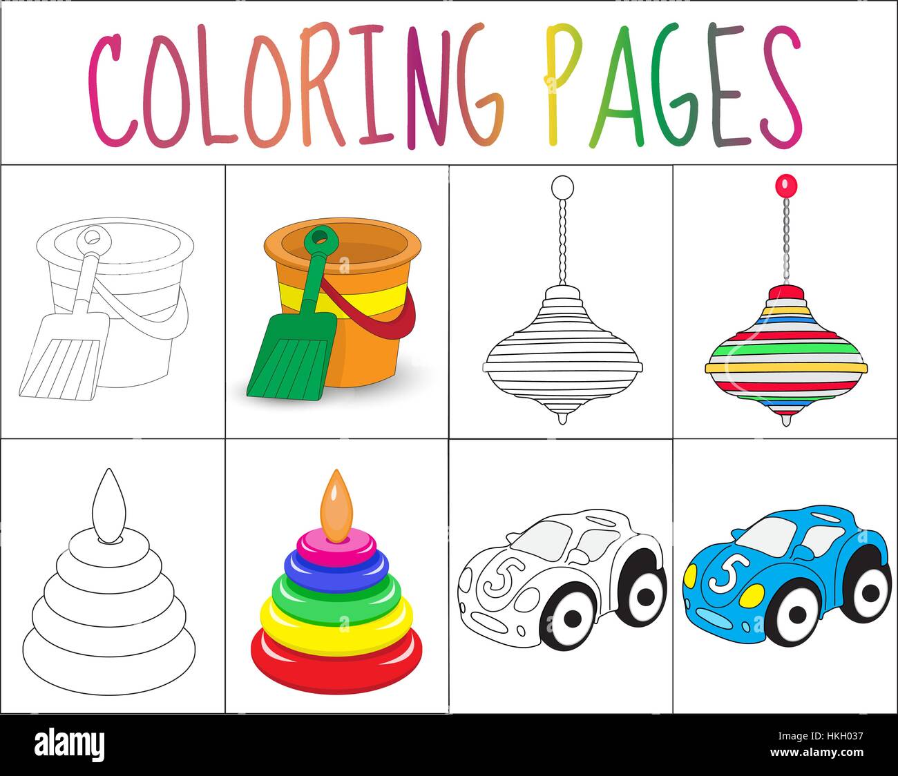 Ensemble de pages à colorier. Collecte de jouets. Sketch et version ...