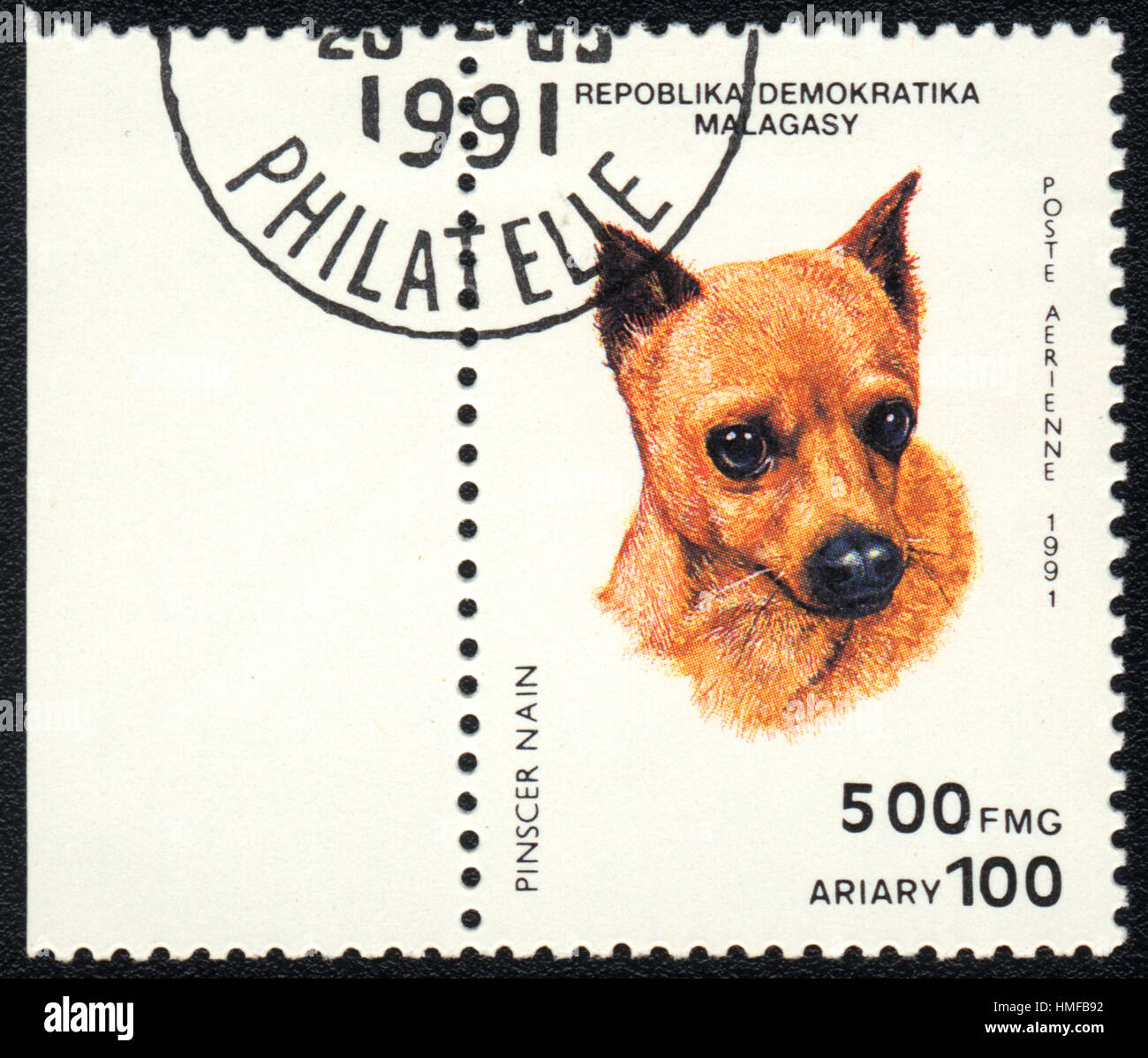 Un timbre-poste imprimé en malgache Republica montre un chien pinscher ...
