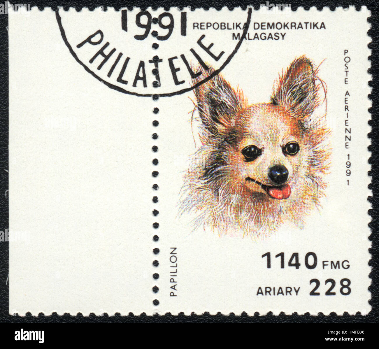 Un timbre-poste imprimé en malgache Republica montre un chien Papillon ...