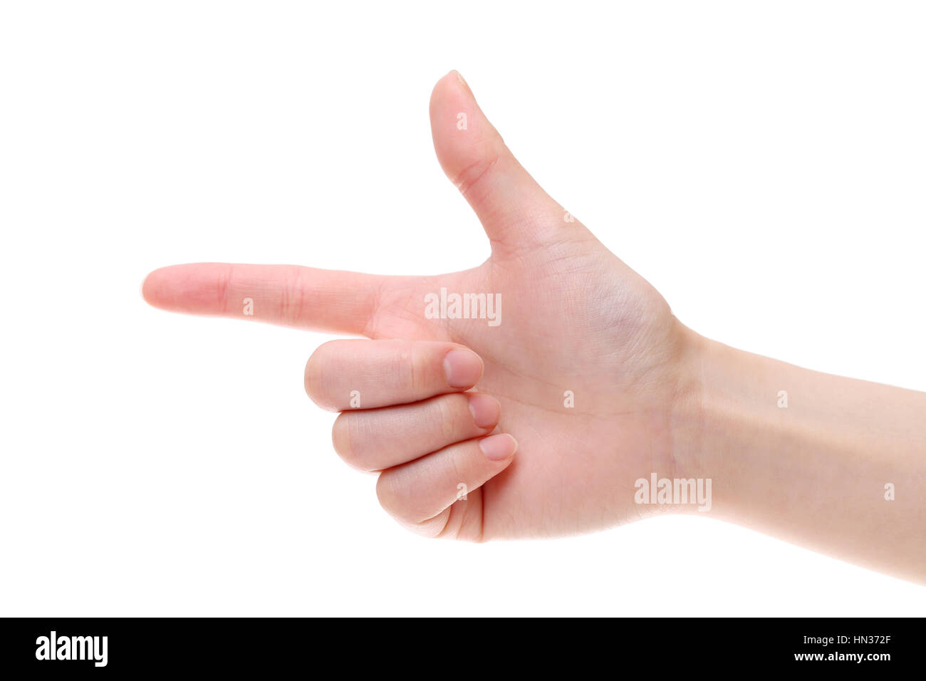 Les femmes de pointer du doigt la main d'Asie symbole isolé sur fond ...