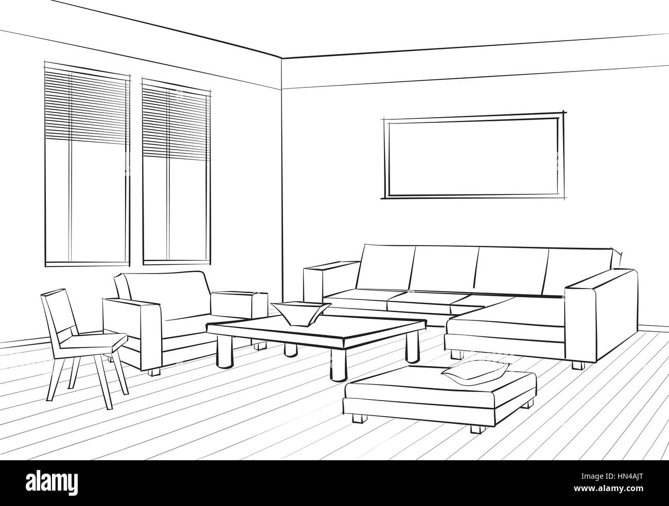 Architectural hand drawing living room Banque d'images noir et blanc ...