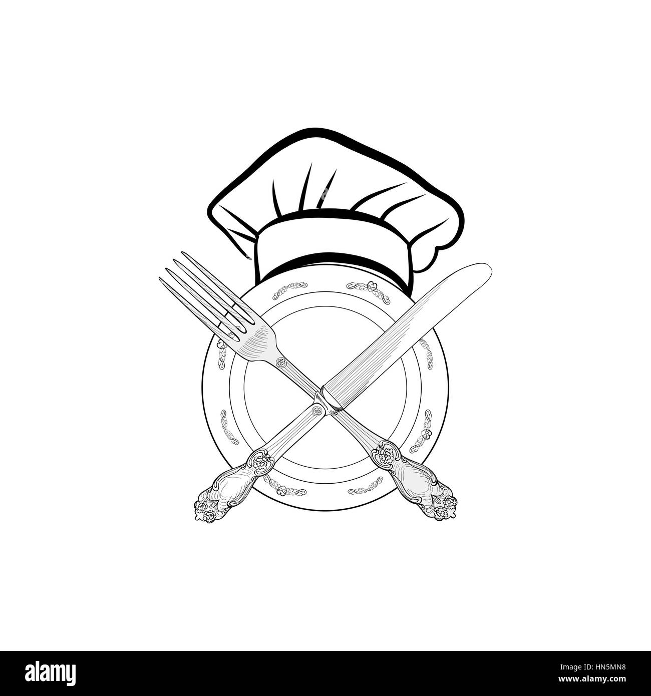 Chef cuisine hat avec fourchette et couteau dessin croquis label ...