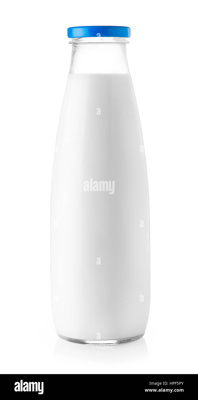 Bouteille de lait avec bouchon bleu isolé sur fond blanc. Bouteille de ...