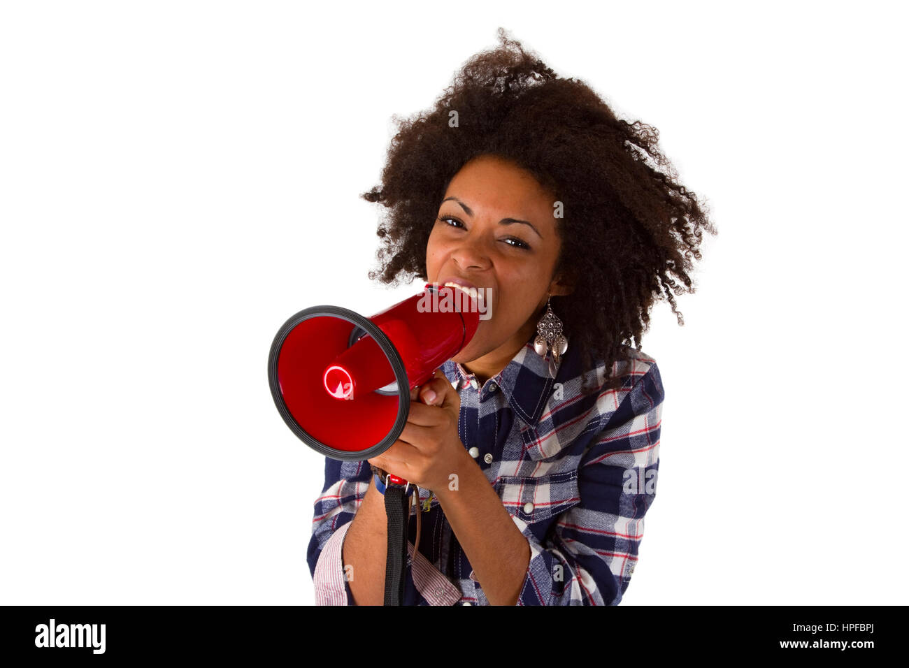 Young african american yelling megaphone Banque de photographies et d ...