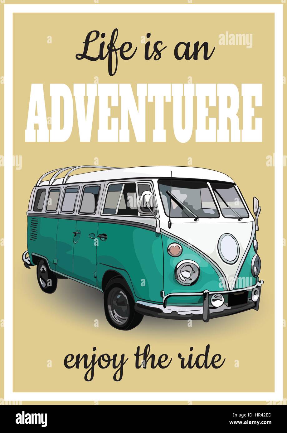 Vector illustration d'affiches vintage retro, un minibus pour trav ...