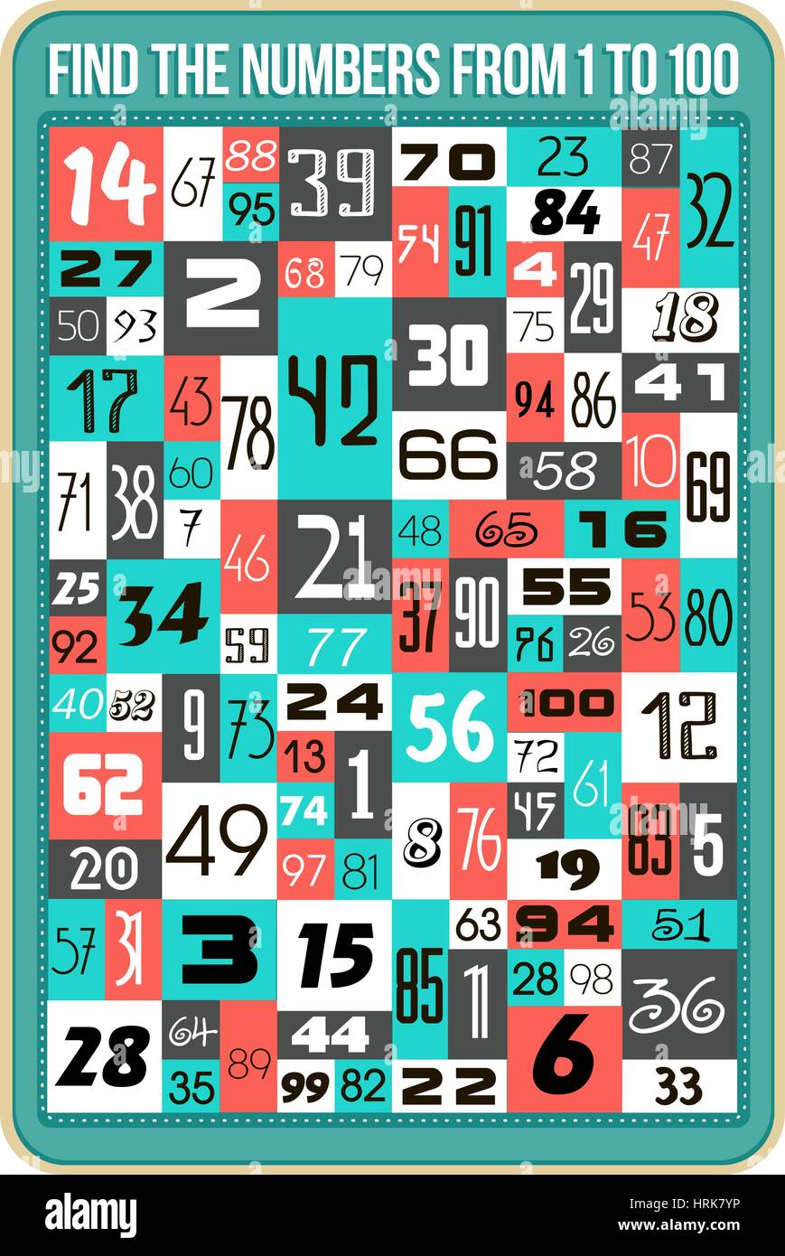 Jeu visuel pour les enfants. Trouver les nombres de 1 à 100 Image ...