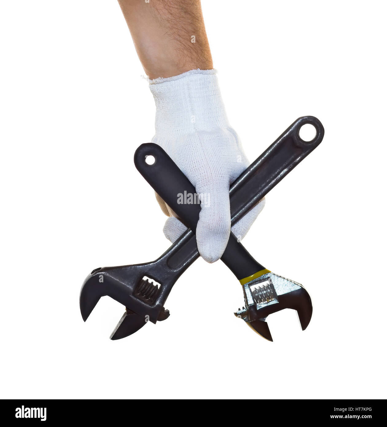 Clés en main de plomberie isolé sur fond blanc. Part en gants blancs ...