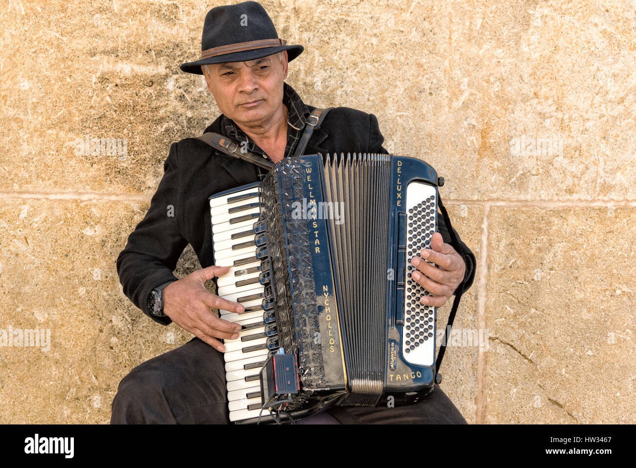 Un homme ou musicien jouant de l'accordéon de la rue dans une rue de la ...