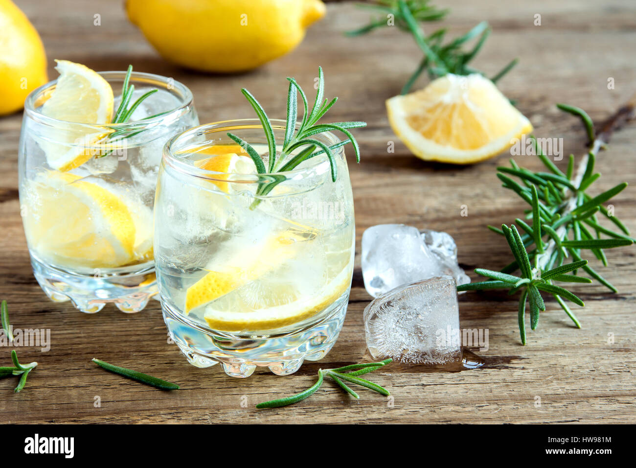 Boisson alcoolisée (gin tonic cocktail) avec du citron, du romarin et ...
