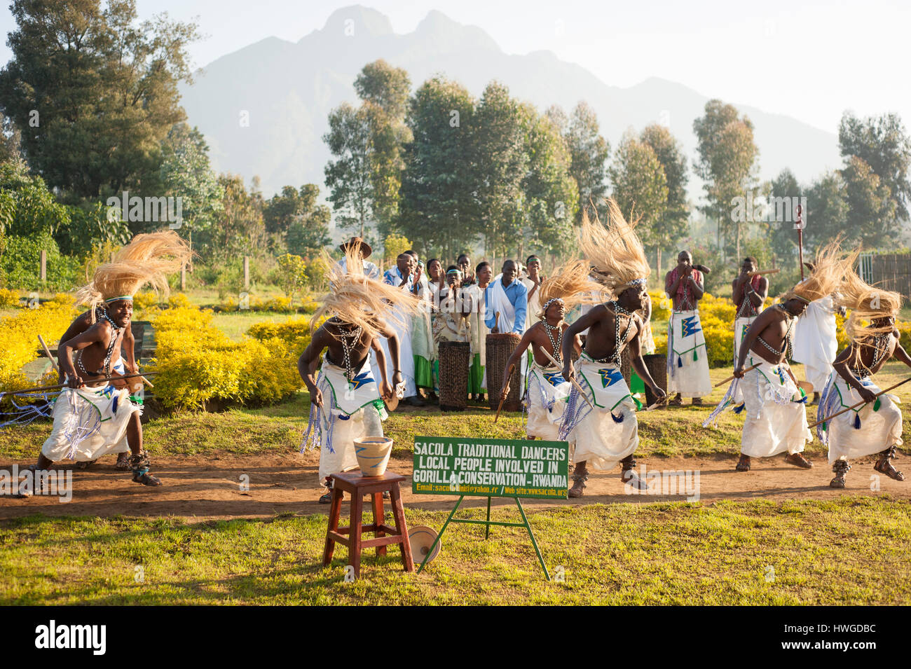 Dancers performing traditional dance rwandaise avant la randonnée pour ...