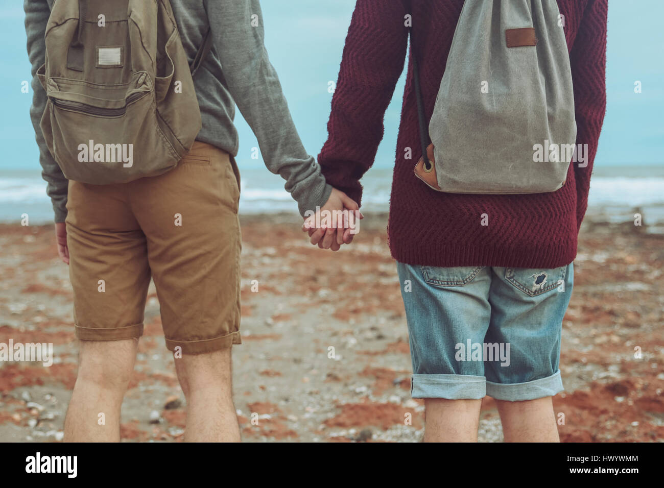 Vue Arrière De Young Gay Couple Holding Hands On The Beach Photo Stock