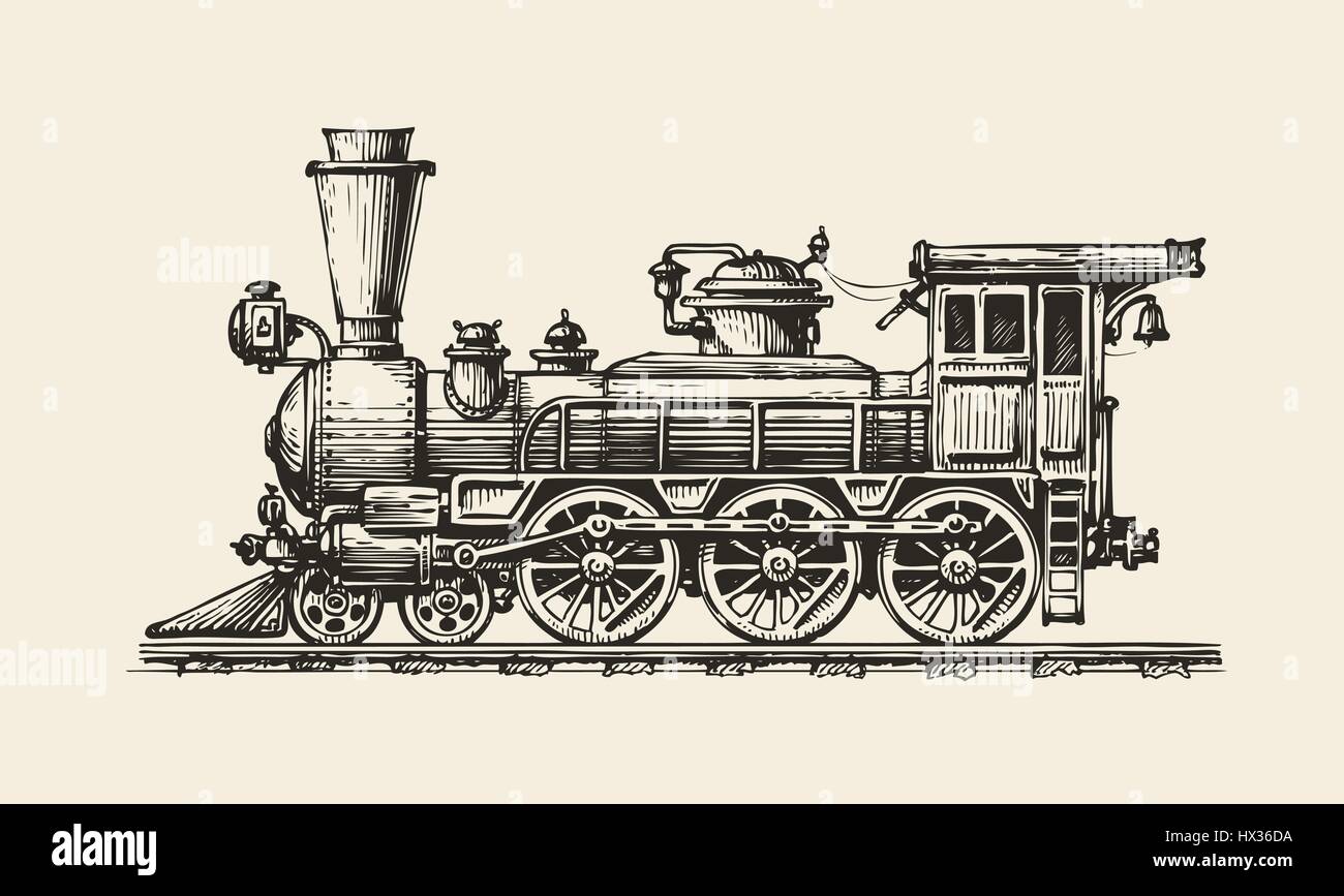 Vintage locomotive. Train Rétro dessiné à la main. Sketch, vector illustration Image Vectorielle ...