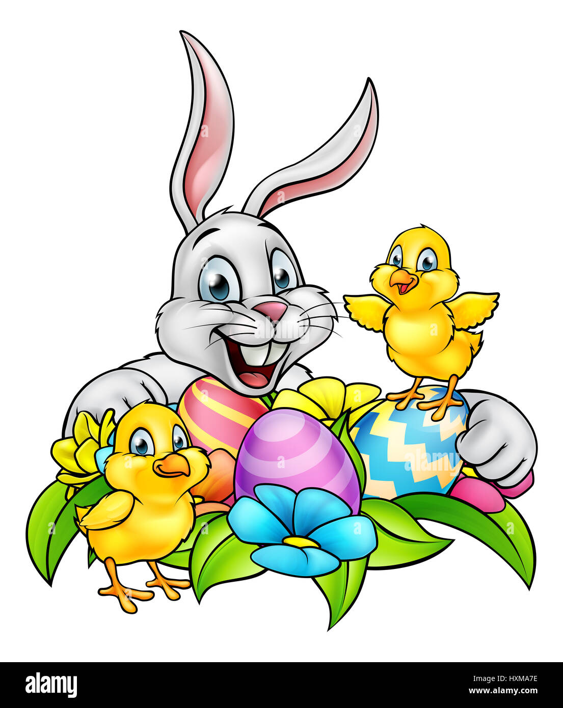 Cartoon Lapin de Pâques, poussins, Œufs de Pâques et fleurs de ...