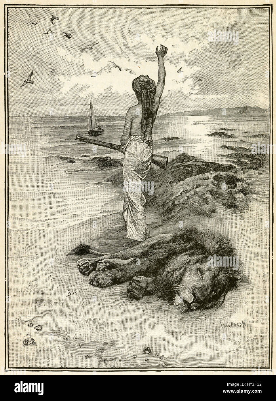 Années 1910 gravure de Robinson Crusoë de Daniel Defoe de Xury et le ...