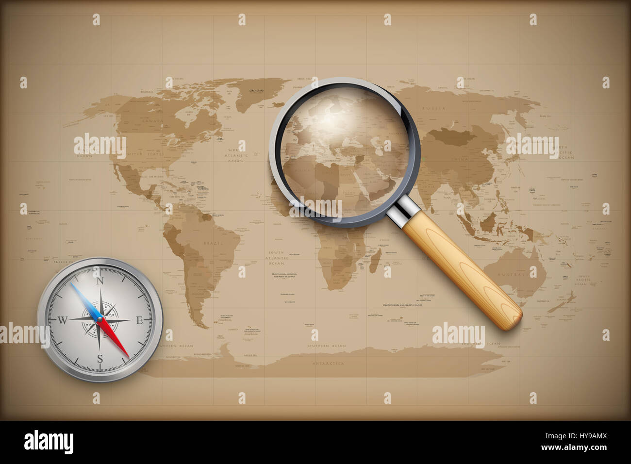Vintage World Map with magnifier et boussole Photo Stock - Alamy