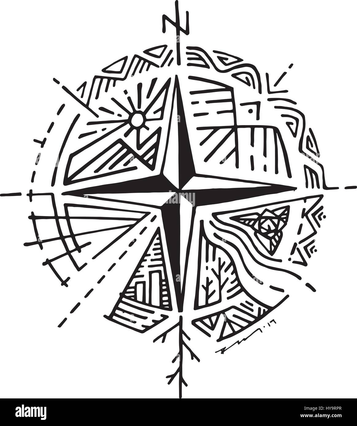 Hand drawn vector illustration ou dessin d'une boussole et de symboles ...