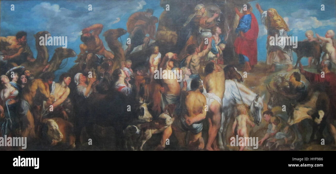 La peinture de Jacob Jordaens 'Moïse frappant l'eau du Rocher' dépeint ...