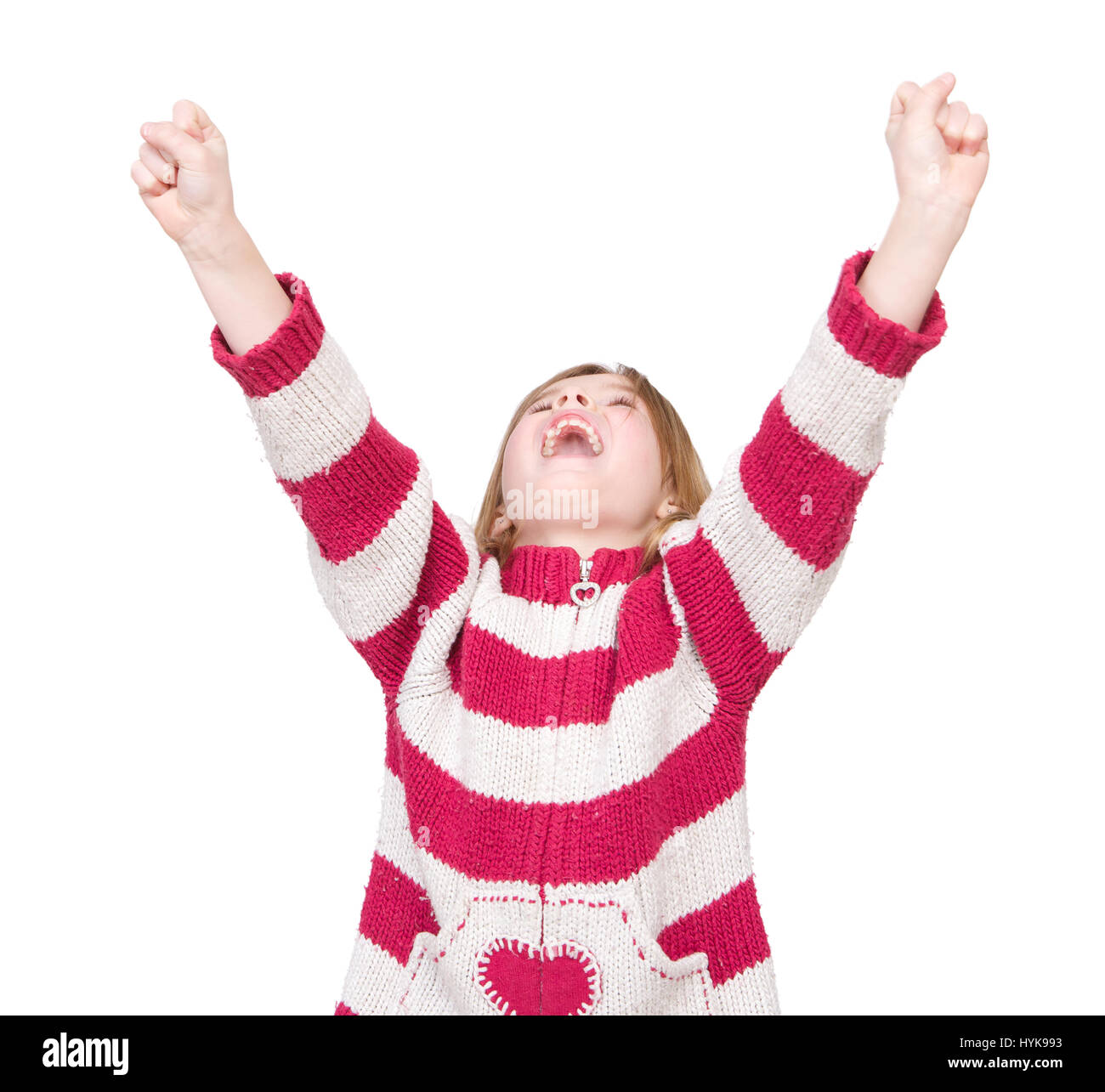 Close up portrait of a young girl cheering with arms raised, isolé sur ...