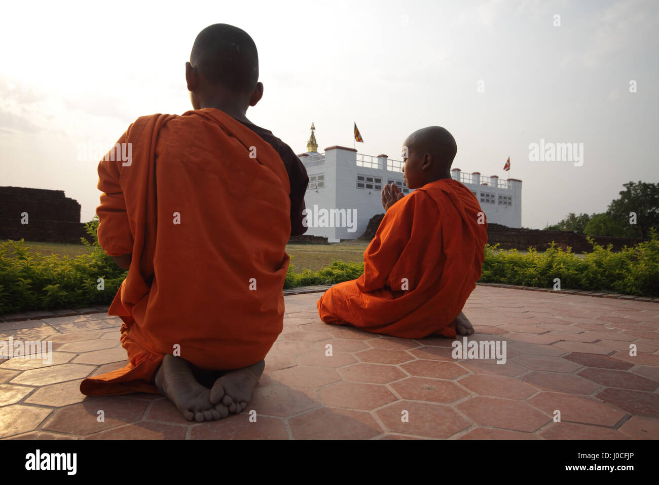 Enfant Un moine en prière, maya devi temple, Lumbini, Népal Photo Stock ...