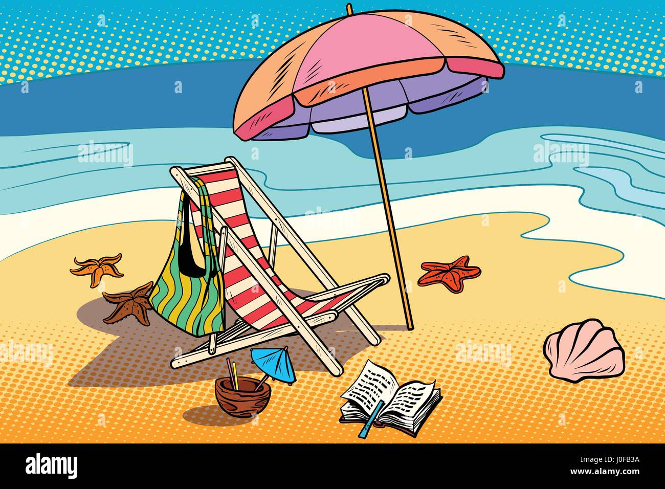 Chaise de Plage et parasol. Reste sur la mer et le tourisme. Comic ...