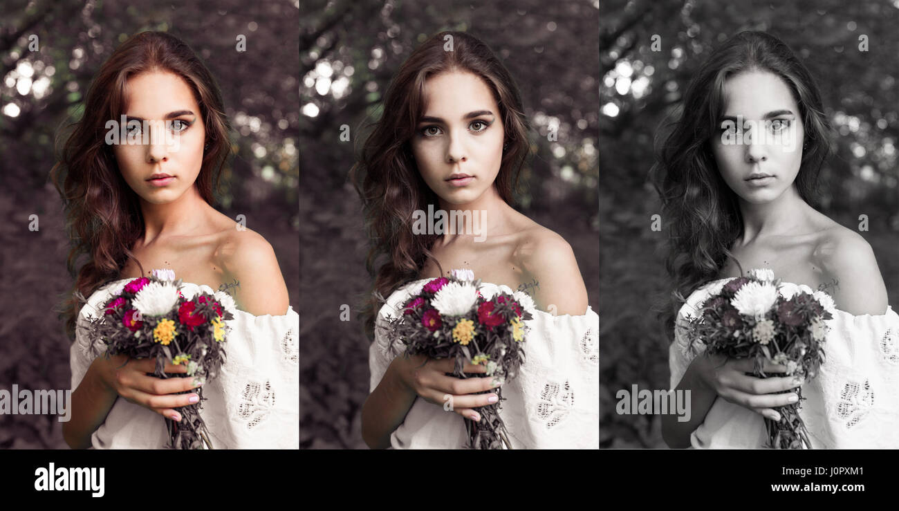 Belle jeune fille avec un bouquet de fleurs. Belle jeune femme à nice ...