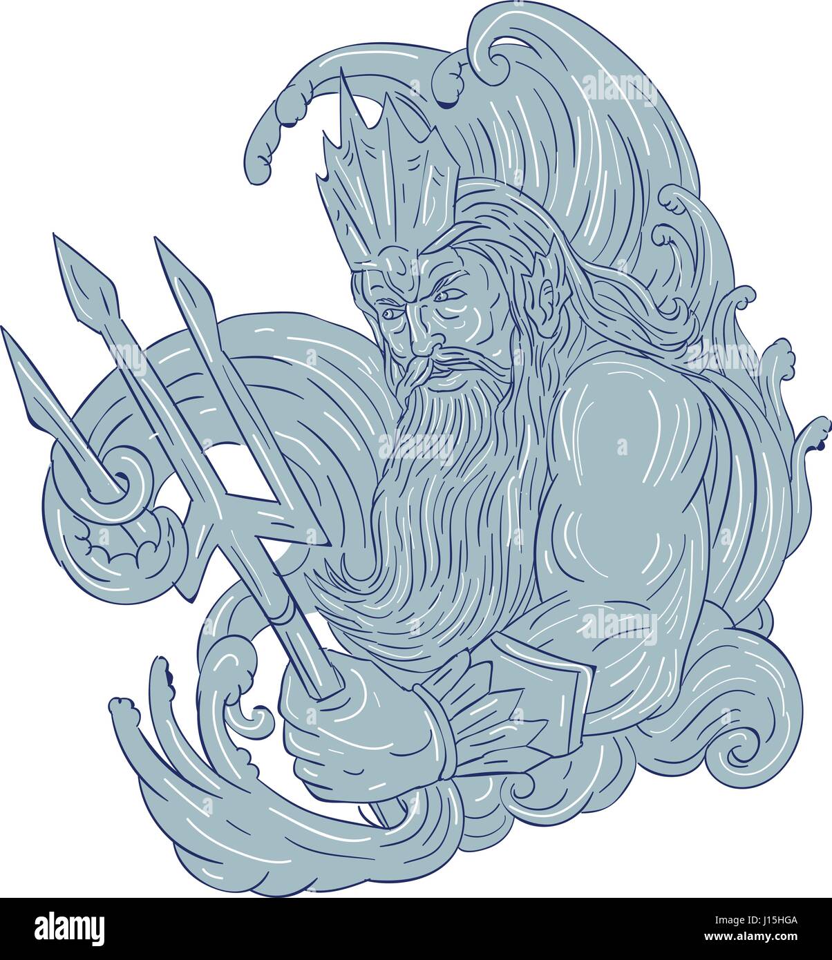 Style croquis dessin illustration d'un dieu de la mer Poseidon trident ...