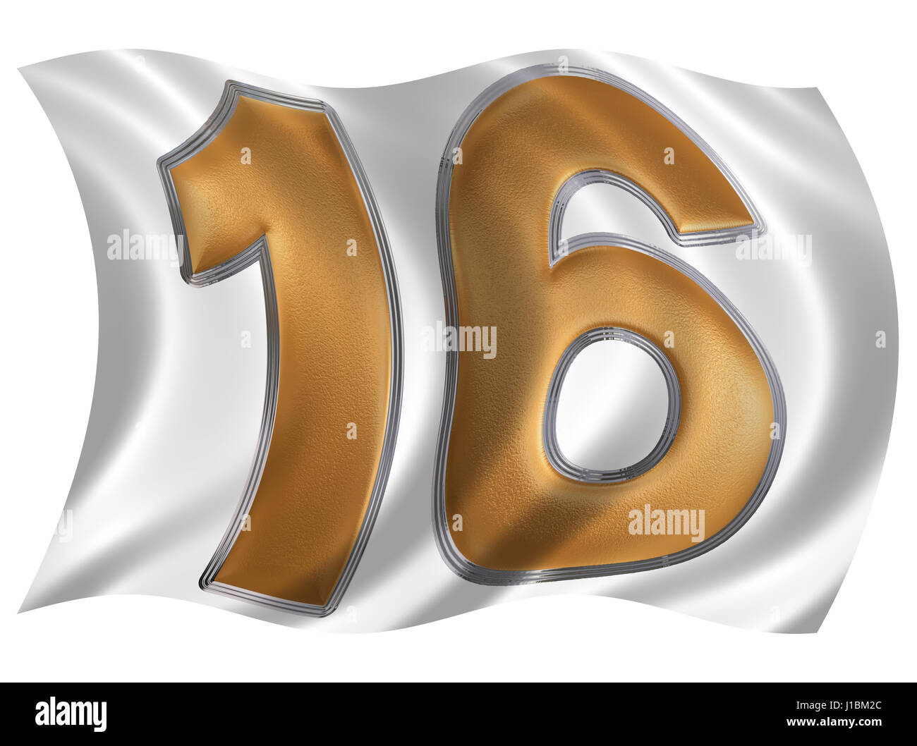 Dans le vent qui flotte le drapeau avec chiffre 16, 16 ans, isolé sur ...