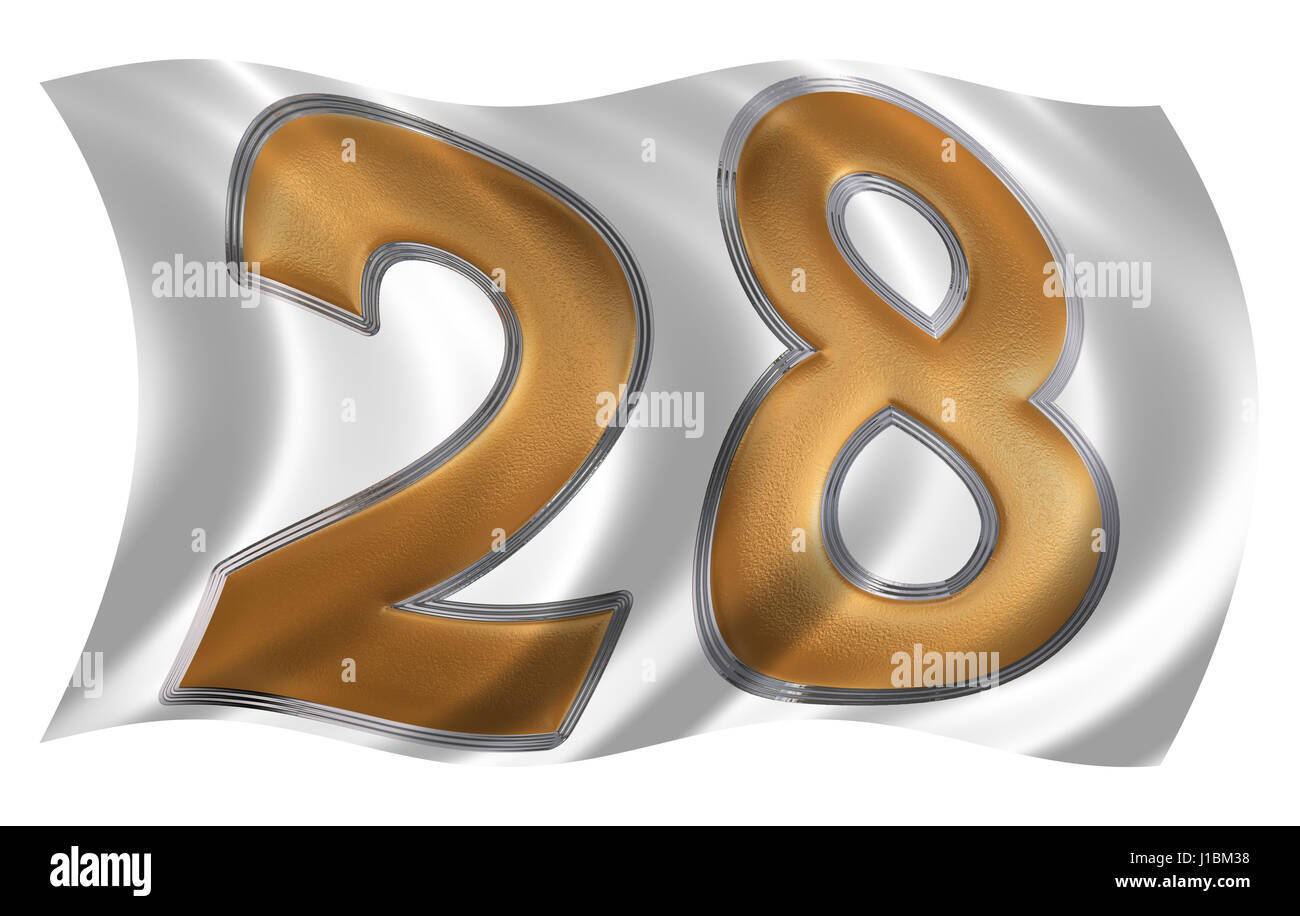 Dans le vent qui flotte le drapeau avec chiffre 28, vingt-huit, isolé ...