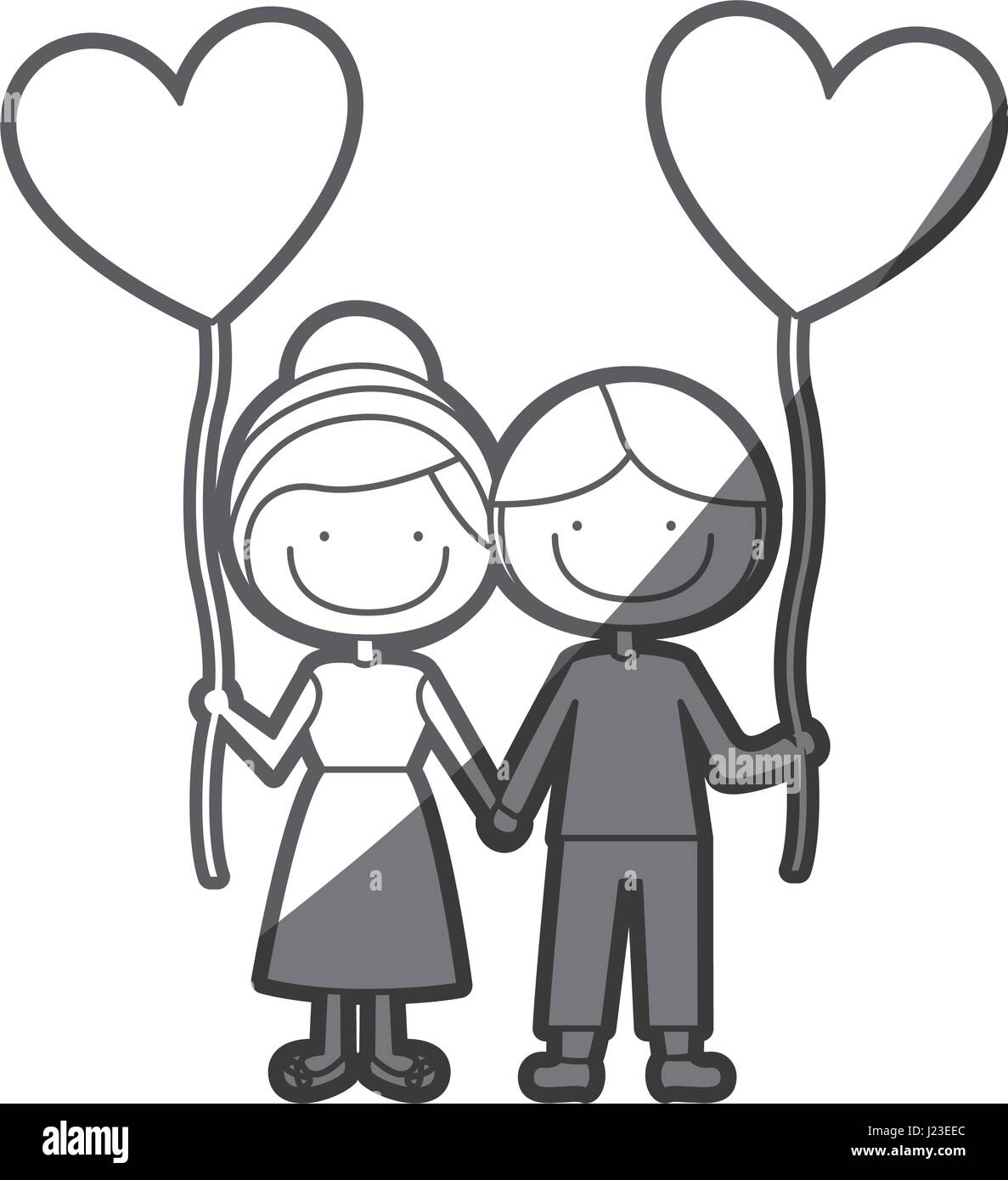 Silhouette de gris de la caricature du garçon et fille avec ballon en ...